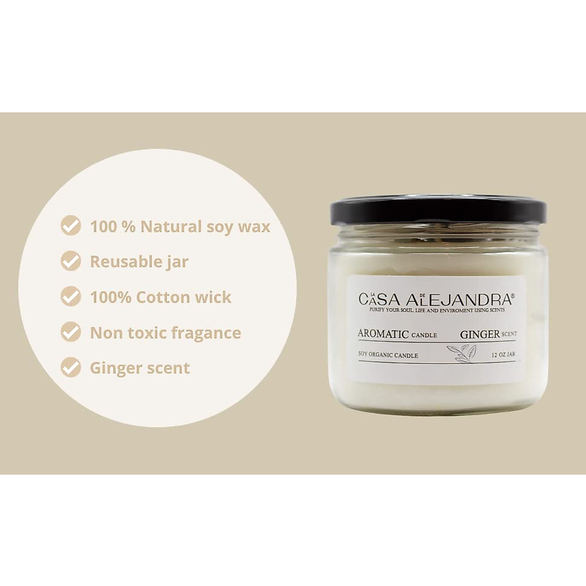 Ginger Aromatherapy Candle with Blue Quartz, White and Amazonite + Healing Crystal+ Soy Wax + Scented Oil + Botanical Decoration + Quartz 12 oz. La CASA de ALEJANDRA