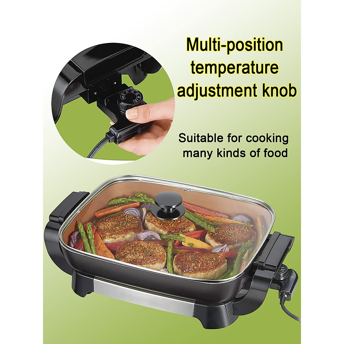 Ceramic Nonstick Electric Skillet with Lids - 12”x15” Removable Pan, Adjustable Temperature & Reversible Design, Nozaya