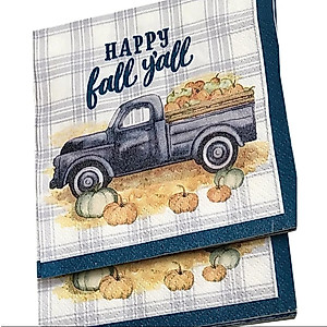 Blue Retro Pumpkin Truck Fall Beverage Cocktail Napkins | Thanksgiving Fall Autumn Harvest Paper Disposable Paper Napkins | 5" x 5" size folded | 36-ct | 2-ply | Made in USA