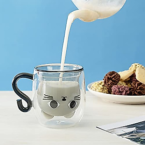 Phitihui Cat Mugs, Double Wall Glass Cute Coffee Tea Cup, Graduation Valentines Mothers Day Easter Halloween Christmas Gifts for Women Wife Mum Her Girl Teacher Friend, Birthday Present Idea (Black)