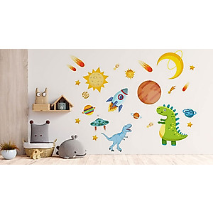 Dinosaur Outer Space Wall Decals, Dino Rocket Spaceship Decor Animal Planet Solar System Wall Sticker for Kid’s Bedroom Nursery Playroom Classroom Wall Decor