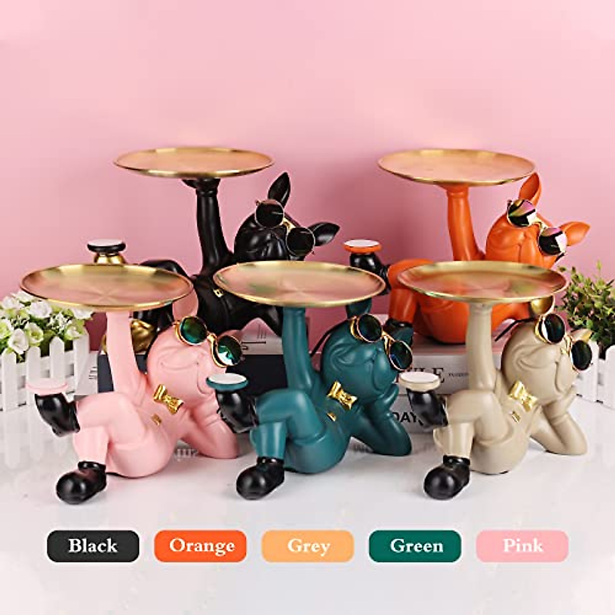 Resin Bulldog Storage Tray Key Candy Jewelry Earrings Tray, 2 Metal Trays Animal Sculpture Table Decoration French Bulldog Figurine Sculptures for Home Decor Living Room Office Fun Ornament (Black)