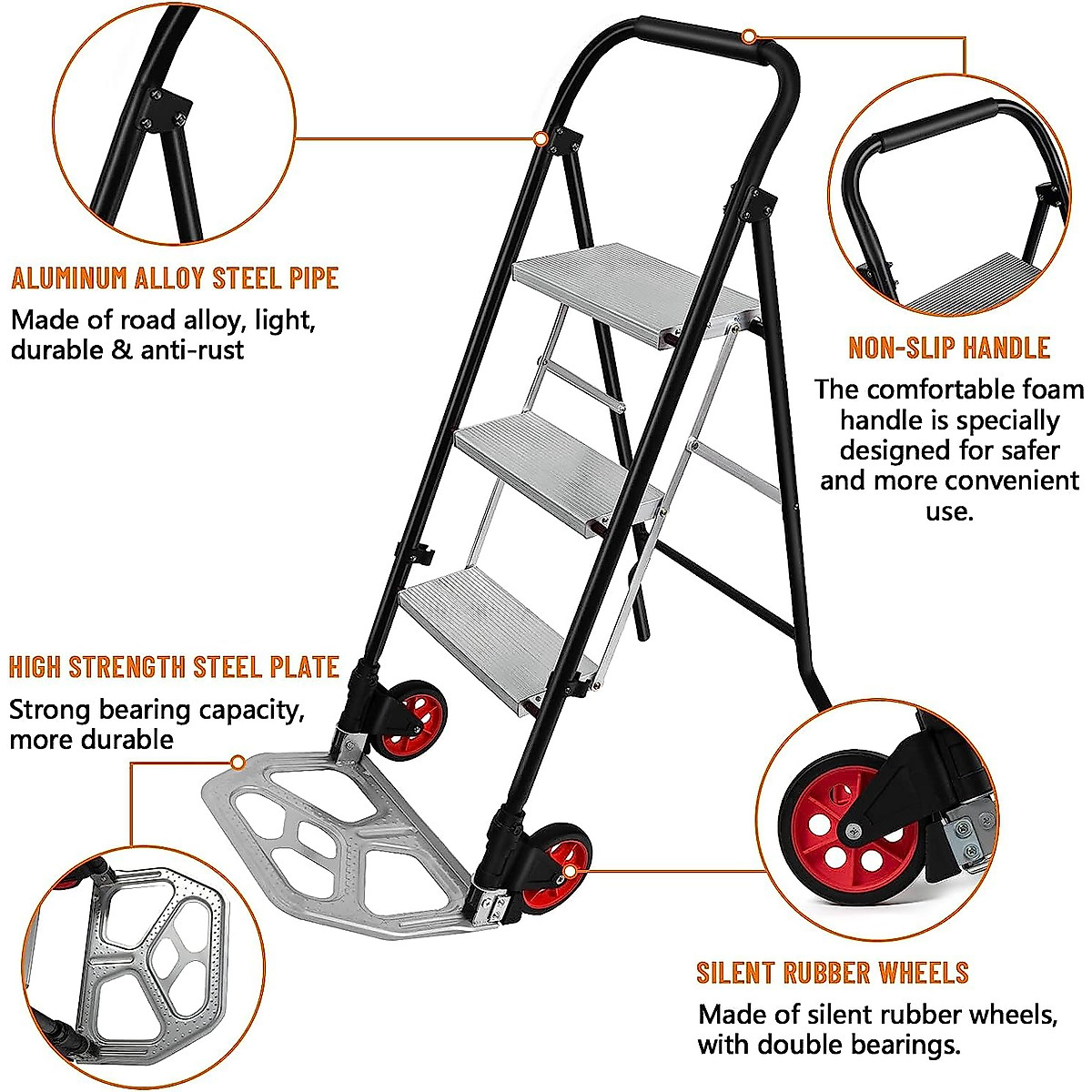 2 in 1 Aluminum Hand Truck & Ladder 3 Step Ladder Step Stool for Adults with Wide Anti-Slip Pedal and 6’’ Rubber Wheels 330lbs Capacity Sturdy Steel Ladder Portable Steel Step Stool Dolly
