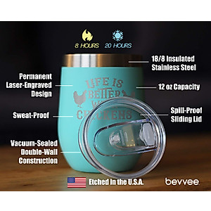 Life is Better with Chickens - Chicken Wine Tumbler with Sliding Lid - Stemless Stainless Steel Insulated Cup - Funny Outdoor Camping Mug - Teal