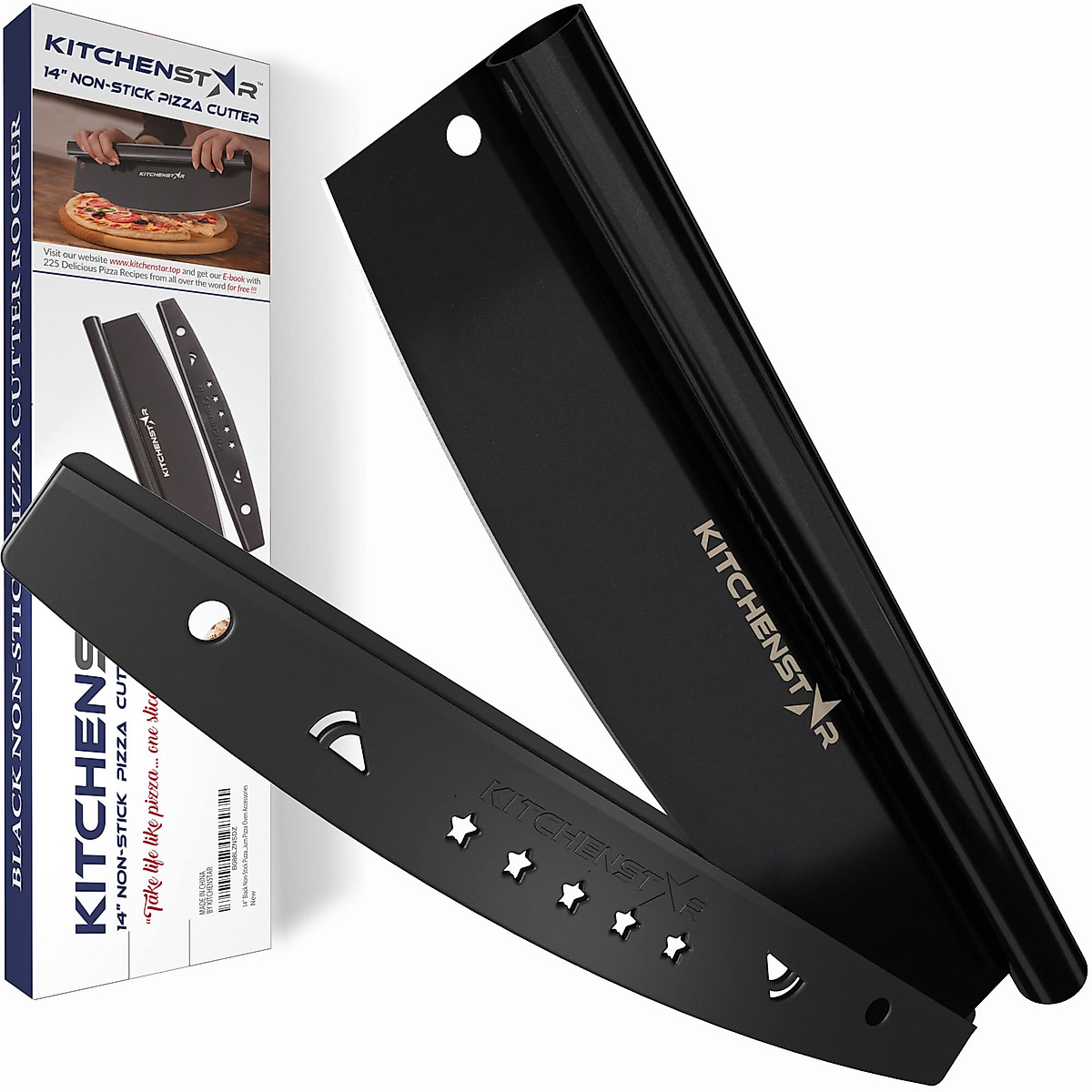 KitchenStar Pizza Stone for Oven and Grill 15x12 inch + Pizza Cutter Rocker 14" + Acacia Wood Pizza Peel 14" - Pizza Making Set Bundle - Premium Pizza Oven Accessories and Tools