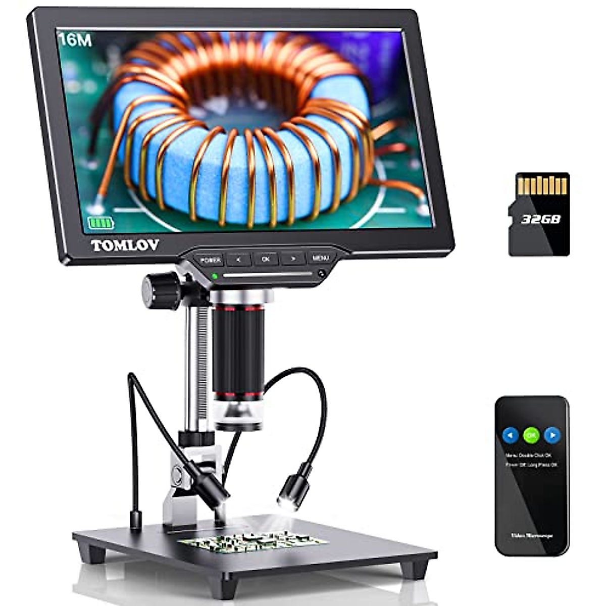 TOMLOV DM202 HDMI Digital Microscope,10.1 Inch LCD Microscope,16MP Coin Microscope Camera with Screen for Adults, Micro Soldering Microscope, TV/Windows/Mac Compatible, 32GB Card Included