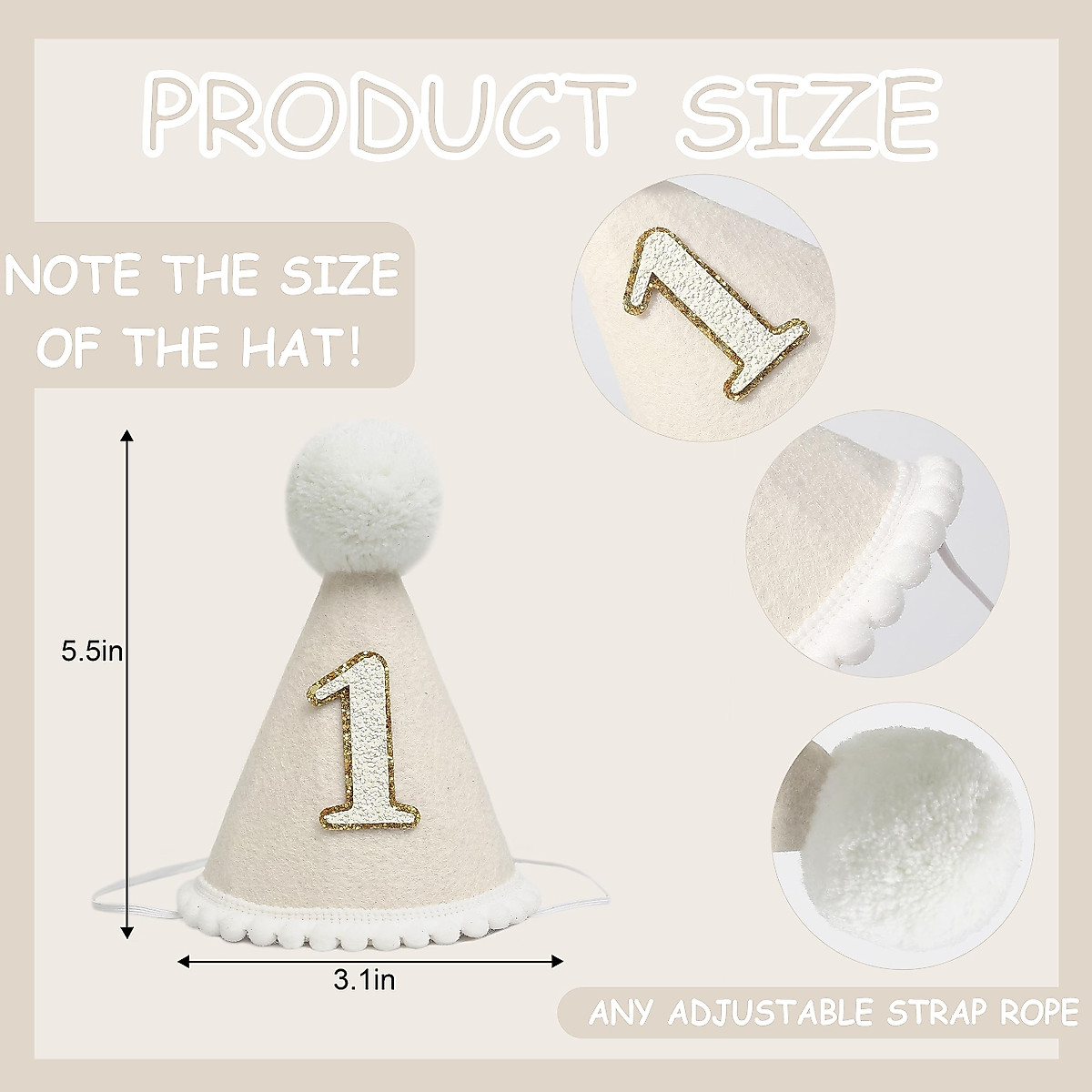 BOOMPA Boho 1st Birthday Celebration Hat - Boho 1st Birthday Conical Cap - Natural Boho First Birthday Decorations (1st)