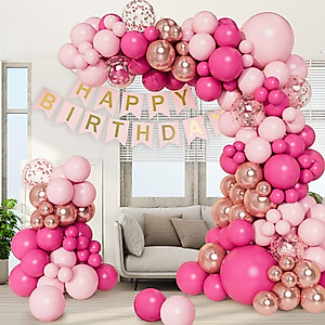 Bonropin 152pcs Pink Balloon Arch Garland Kit with Pastel Pink Hot Pink Pastel Orange Metallic Rose Gold Confetti Balloons for Birthday Baby Shower Princess Theme Wedding Valentine's Party Decorations