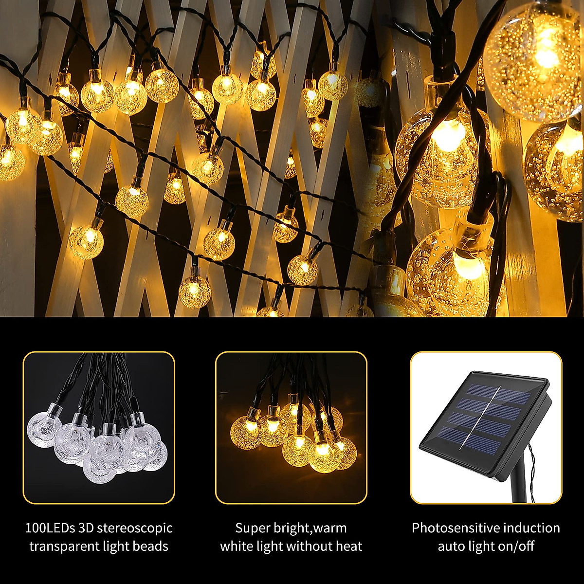 Solar powered Outdoor String Lights Globe – Waterproof Crystal Ball solar String Lights 8 Modes with 100LED 39FT – Good Ideal for Garden Yard Home Party Wedding Christmas Decoration (Warm White)