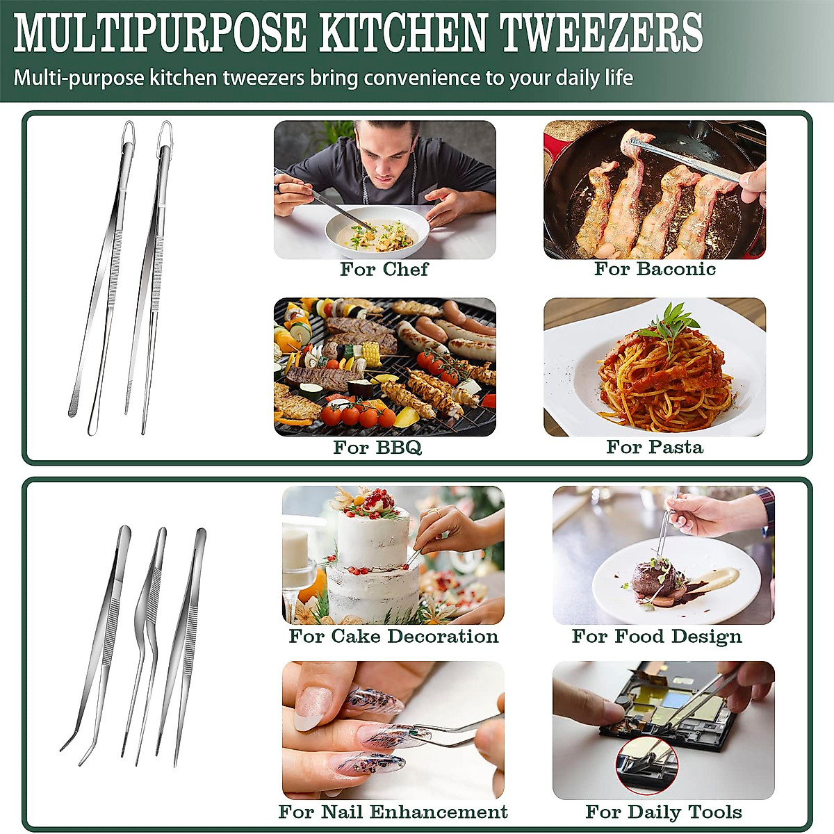 KTFNOMES 5 Pcs Kitchen Cooking Tweezers,12" & 6.3" Stainless Steel Kitchen tongs Set,Professional Food Tweezers for Cooking,Repairing,Seafood,BBQ,Multi-use