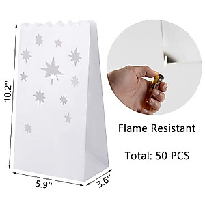 Stmarry White Paper Luminary Bags - 50-Pack Candle Lantern Bags, Fire-Retardant, Star Luminaries for Christmas, Weddings, Birthday Party Valentine&#039;s Day Decoration, 5.9 x 10 x 3.5 Inches