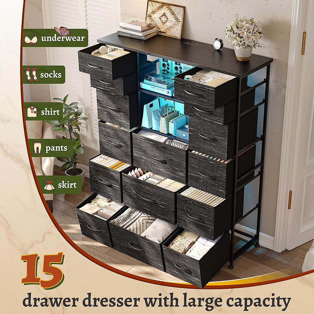 EnHomee 51" H Tall Dressers with Hutch 15 Drawer Dresser for Bedroom with Charging Station & LED Lights Sturdy Black Bedroom Dresser,Steel Frame, Wood Top, 51.2" H x 39.3" W x 11.8" D