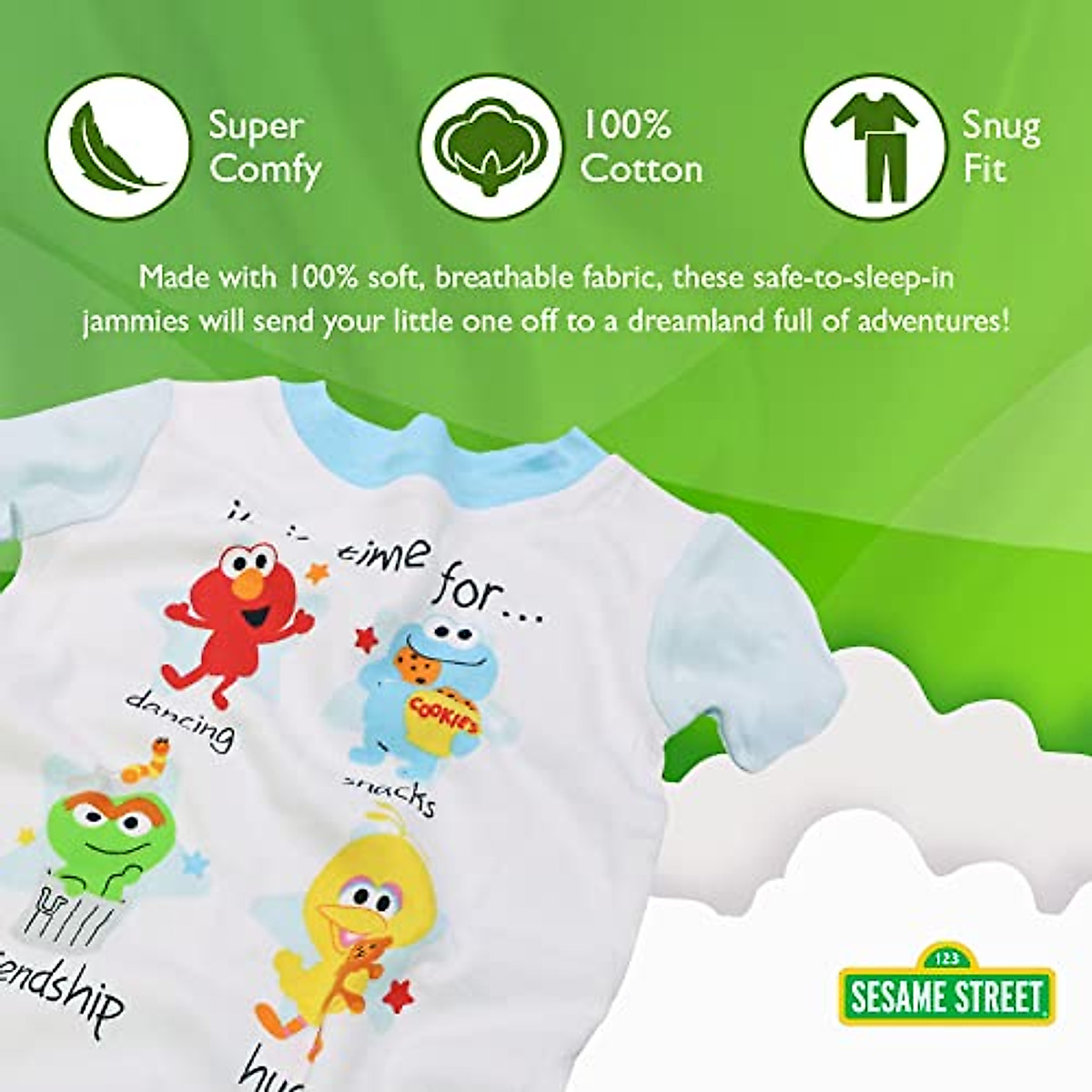 Sesame Street Baby 4-Piece Snug-fit Cotton Pajama Set, IT is TIME for, 2T