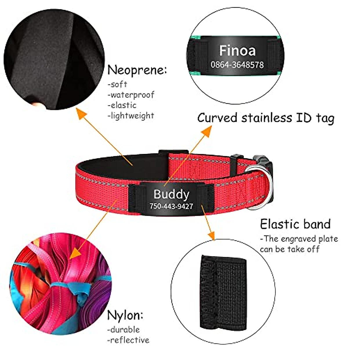 SF Custom Personalized Reflective Dog Collars,Custom Engraved Stainless Steel Name Plate ID Collar Padded Pet Collar 4 Adjustable Sizes X-Small Small Medium Large