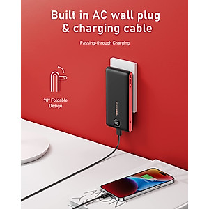 VEEKTOMX Portable Charger with Built in Cables 22.5W 10000mAh, Power Bank for iPhone with AC Wall Plug, Fast Charging USB C Slim Battery Pack with LED Display Compatible with iPhone15/14/13, Samsung