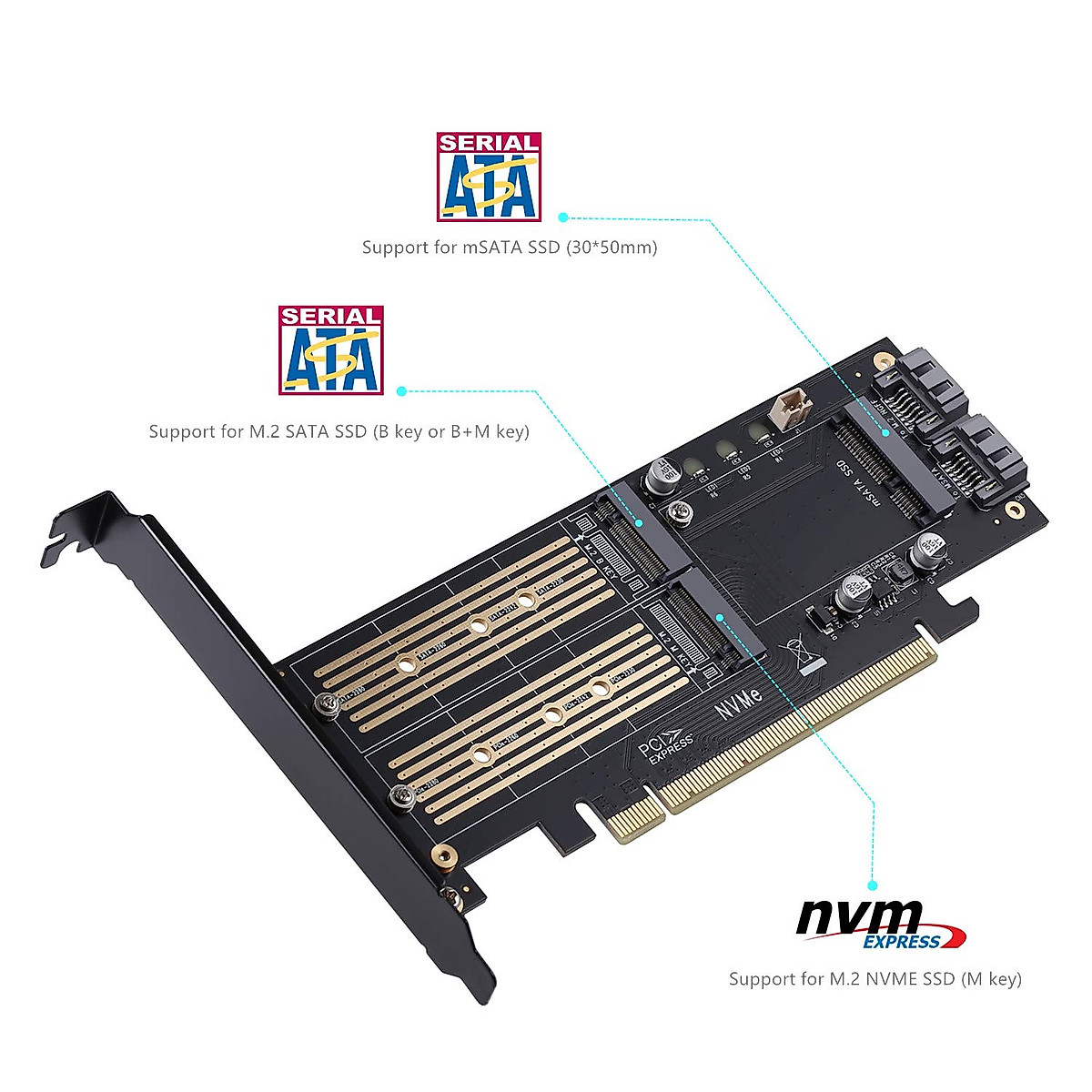 3 in 1 M.2 and mSATA SSD Adapter Card for M.2 NVME to PCIE Adapter,M.2 SATA SSD to SATA III Adapter,mSATA to SATA Adapter (with 2 Aluminum Heatsink)