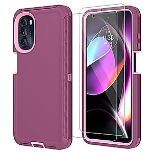 Qinmay Moto G 5G 2022 Case & 2 HD Screen Protectors, Heavy Duty 3-in-1 TPU+PC - WineRed Pink