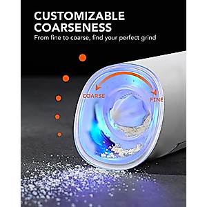 FORLIM Gravity Electric Salt and Pepper Grinder Set Battery Operated, Adjustable Coarseness, Blue LED Light, One Hand Automatic Operation, Stainless Steel Classic Black & White, 2 Mills