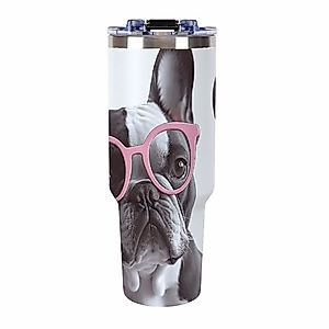 40 Oz Vacuum Tumbler with Light Rose Red Handle Leakproof Insulated Tumbler French Bulldog Pink Glasses Stainless Steel Travel Mug with Lid And Straw Coffee Cup Cute Water Bottles Cup Holder Friendly