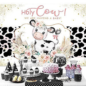 Imirell Holy Cow Baby Shower Backdrop 7Wx5H Feet Farm Pink Floral Baby Shower Party Cow Print Photography Backgrounds Props Decoration Polyester Fabric