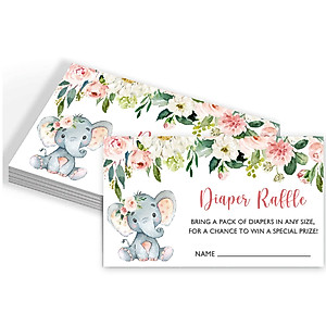 Yuzioey Girl Elephant Diaper Raffle Tickets and Sign, Floral Elephant Baby Shower Game Cards, 50 Tickets and Matching Standing Sign, Diaper Raffle Tickets for Pink Elephant Baby Shower Invitations