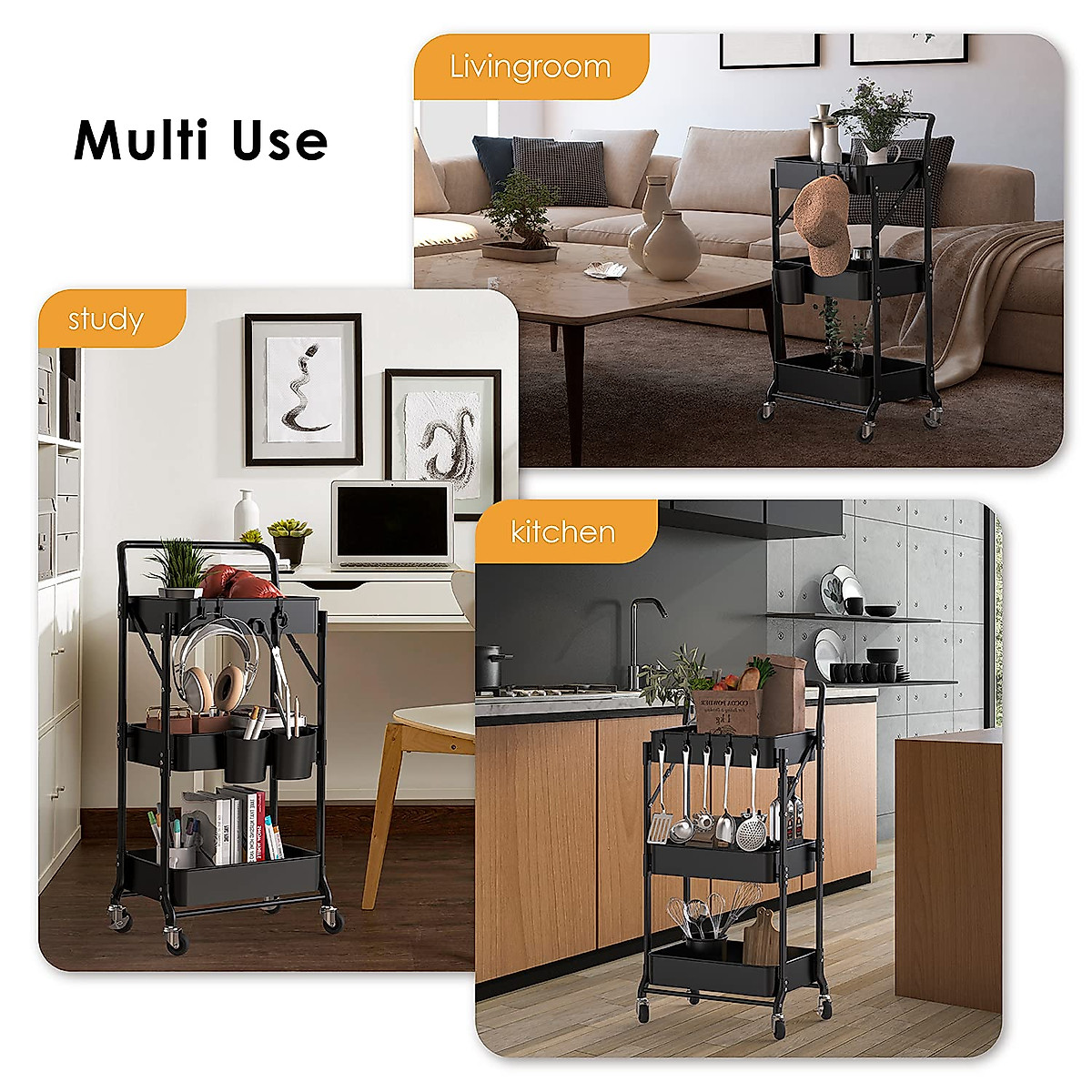 DTK 3 Tier Foldable Metal Rolling Cart, Metal Trays Utility Cart with Handle and Wheels, 3 Hanging Cups and 6 Hooks Storage Organizer Cart, Collapsible Kitchen Cart for Bathroom Office Kitchen(Black)