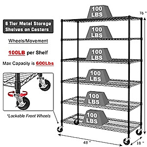Dlewmsyic 6 Tier Storage Shelves, 5999 Lbs Capacity Metal Shelf with Wheels Height Adjustable NSF Certification 48" L×18" W×72" H Heavy Duty Wire Shelving Units for Garage Pantry Kitchen Rack, Black