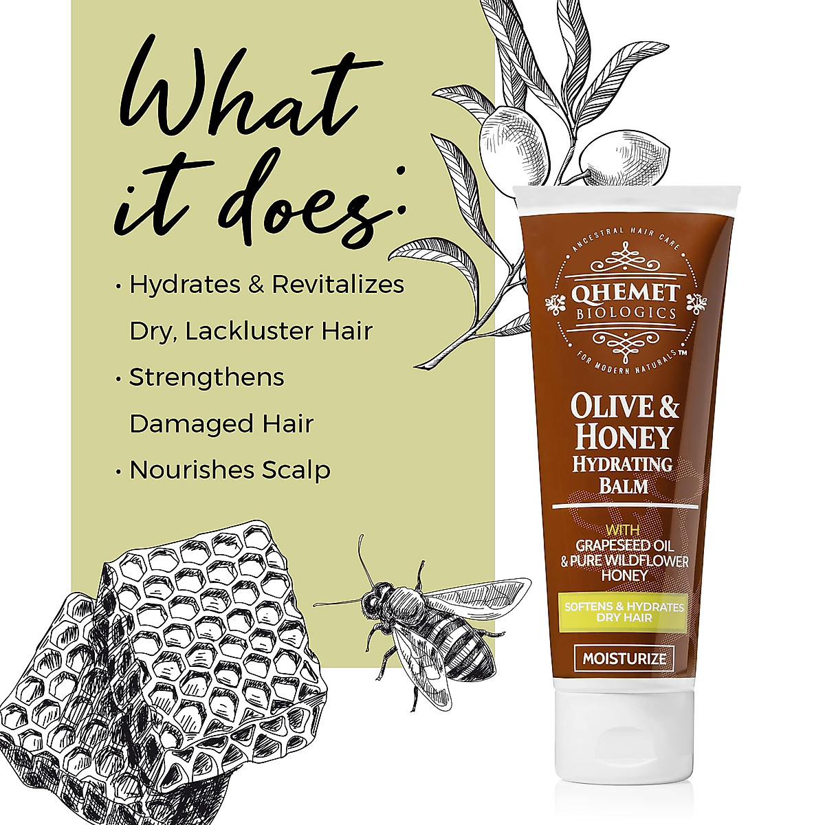 Qhemet Biologics Olive & Honey Hydrating Balm - Moisturizing Hair Balm for Smooth, Soft, Supple Hair - Leave In for Long-Lasting Hydration - Combats Dryness Instantly (4 oz)