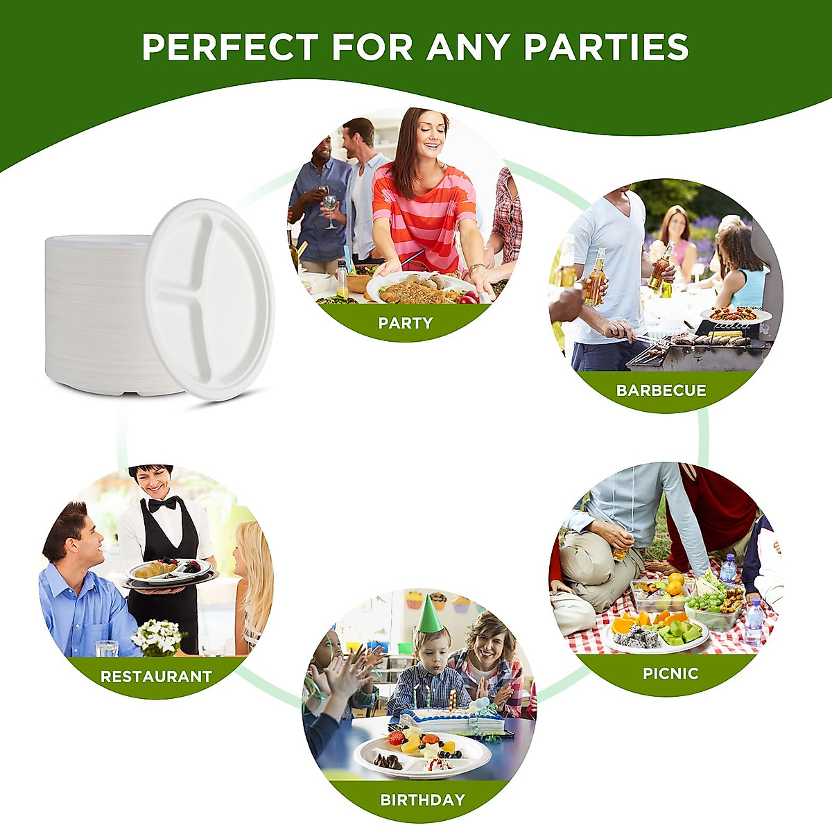 Disposable Paper Plates 9 Inch with 3 Compartment [125 Pack]-100% Compostable Heavy Duty Plates, Biodegradable Paper Plates Made from Sugar Cane Fibers, for Parties, Daily Meals, Dinners, BBQ (White)