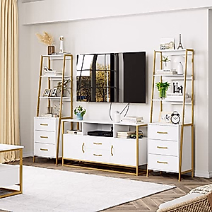 HITHOS 4-Tier Bookshelf, Tall Bookcase with 3 Wooden Drawers, Modern Ladder Book Shlef Storage Organizer for Living Room, Entryway, Office, White Gold