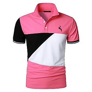 HOOD CREW Man’s Fashion Polo Shirts Short Sleeves Collared T shirt Color Block Sports Golf Polos Pink XL