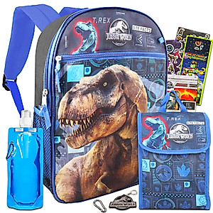 Jurassic World Backpack and Lunch Box Set - Jurassic World Backpack Kids, Jurassic World Lunch Box, Water Bottle, Keychain, Stickers, More | Jurassic World Backpack with Lunch Box