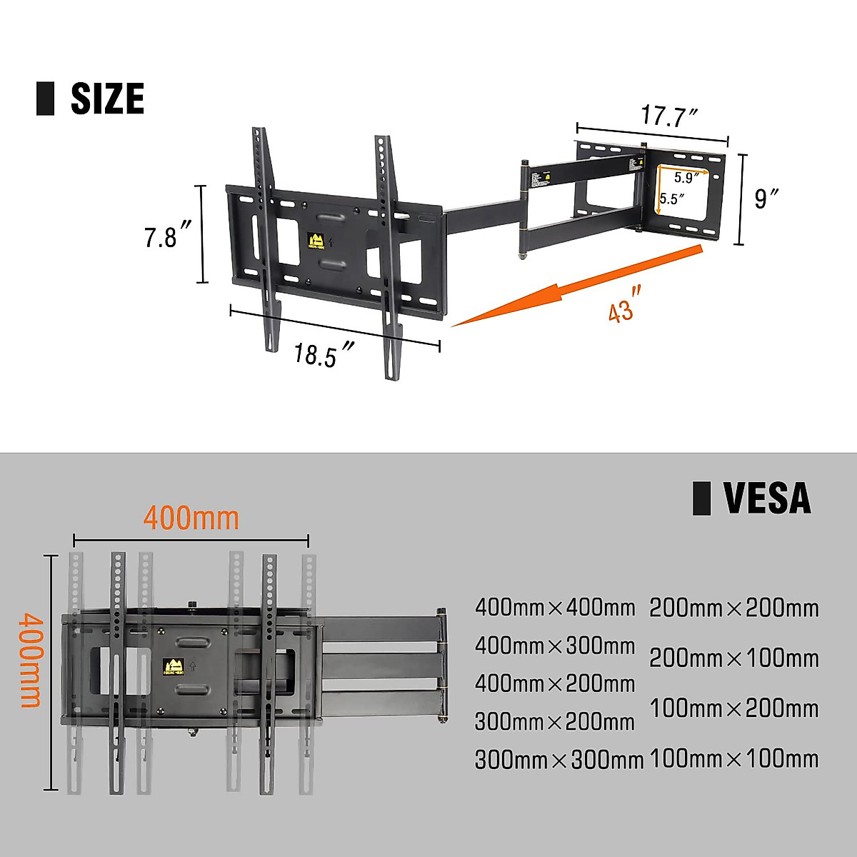 FORGING MOUNT Long Arm TV Wall Mount,Full Motion Wall Mount TV Bracket with 43" Extension Articulating Arm Universal TV Mount, Fits 26-65" Flat/Curve TVs/Monitors,Holds 99 lbs,Max VESA 400x400mm