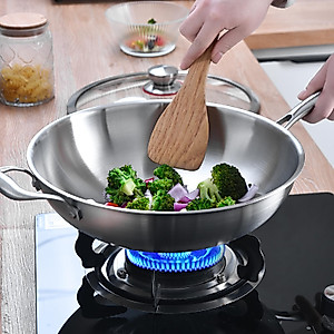 LOLYKITCH Tri-Ply 13 Inch Stainless Steel Wok Pan with Lid, Stir-Frying Pan,Induction Cooking Pan,Dishwasher and Oven Safe,Heavy Duty and Detachable handle.