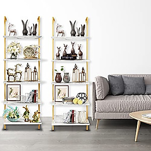Wolawu 5 Tiers Ladder 2-Piece Shelf White Marble Modern Bookshelf Open Tall Wall Mount Bookcase Standing Leaning Wall Shelves Industrial Decorative
