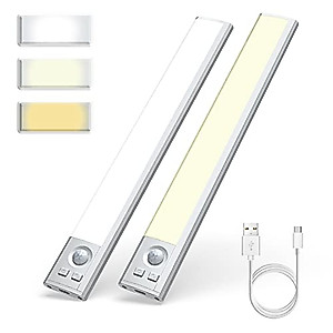 Pluralla Closet Light Rechargeable, 41 LED Under Cabinet Light with Motion Sensor, Magnetic Wireless Light Fixtures, 3 Colors Dimmable Under Counter Night Light for Kitchen/Wardrobe/Stairway - 2 Pack