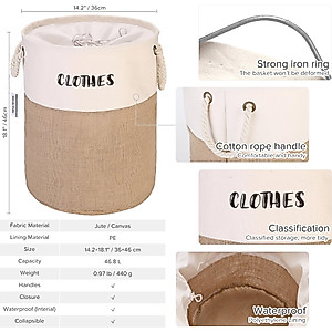Sea Team Jute and Canvas Storage Basket with Cotton Rope Handles and Drawstring Closure, Collapsible, Lightweight Laundry Hamper for Home - 46.8L Capacity