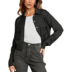 Vimyig Lightweight Black Cargo Jacket Women Casual Button Down Cropped Jackets with Pockets(Black-XL)