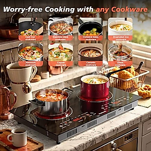 Karienvir 2 Burner Electric Cooktop 110v, 24 Inch Electric Stove Countertop & Built-in, Plug-in Electrics Cooktop, 8 Power Levels & 8 Functions, Touch Control, Safety Lock, Timer, 2000W, Karienvir