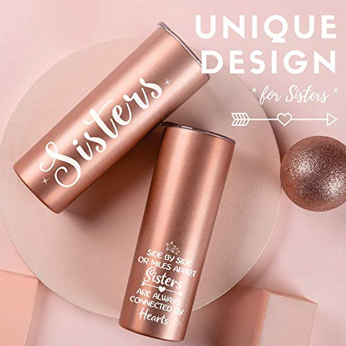 Sister Gifts from Sisters, Insulated Stainless Steel Tumblers with Lids and Straws, For Birthday/Christmas, "Side by Side or Miles Apart, Sisters are Always Connected by Hearts"(20 oz) Rose gold