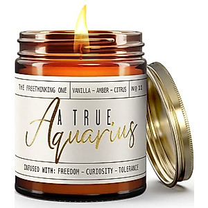 Aquarius Gifts for Women, Zodiac Gifts - A True Aquarius Soy Zodiac Candle, w/Vanilla, Amber & Citrus I Astrology Gifts for Women I 9oz Reusable Amber Glass Jar, 50 Hr Burn Time, Made in USA