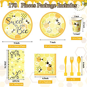 170 Pcs Bee Plates and Napkins Party Supplies Sweet As Can Bee Baby Shower Set Include Tablecloths, Plates, Napkins, Paper Cups, Knife, Fork, Spoon for Baby Shower Birthday Party Supplies, Serves 24