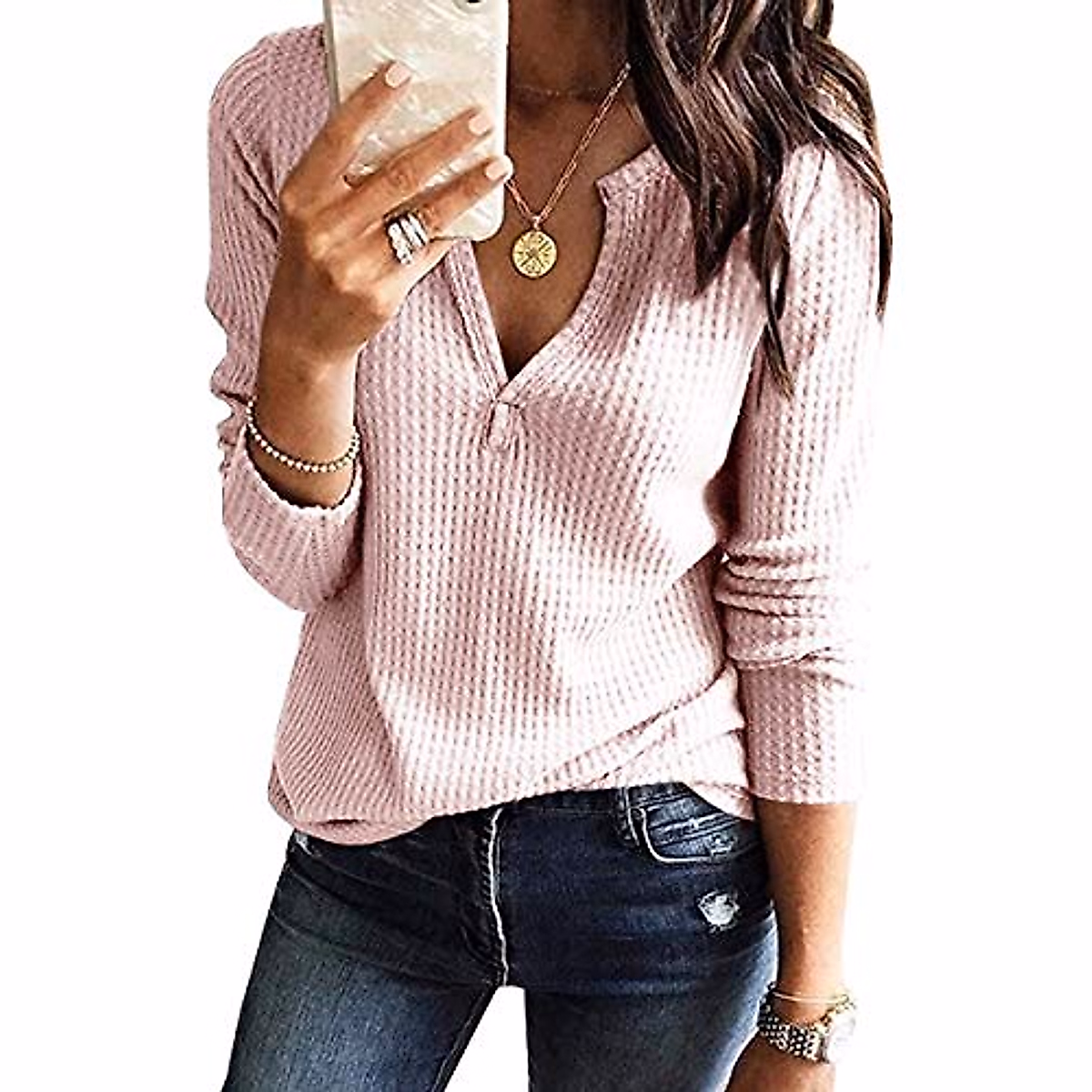 Women's V Neck Waffle Knit Henley Tops Casual Long Sleeve Pullover Sweater Blouses (Light Pink-2, Large)