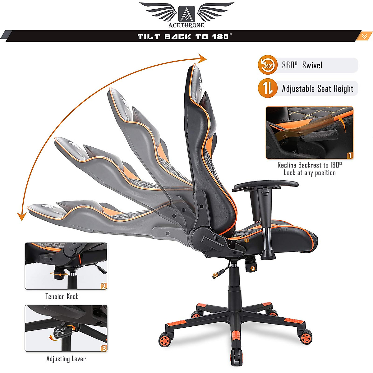 Acethrone Gaming Chair High Back Computer Chair Soft PU leather office Desk Chair Racing Executive Ergonomic Adjustable Swivel Task Chair Reclining with Headrest and Lumbar Support for Adults (Orange)