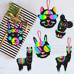 WATINC 60 pcs Alpaca Scratch Cards Art Set for Kids and Adults,DIY Color Card Art Craft Kit, Llama Carnival Party Favor,Llama Themed Fun Game, 6 Styles with Ribbon &Wood Stylus