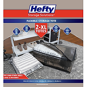 Hefty Extra Large Flexible Tote with Breathable Mesh, Double Zipper, 2 Handles – Ideal for Moving or Clothes & Apparel Storage, Alternative to Plastic Bin, Organizer or Container – 2 Pack