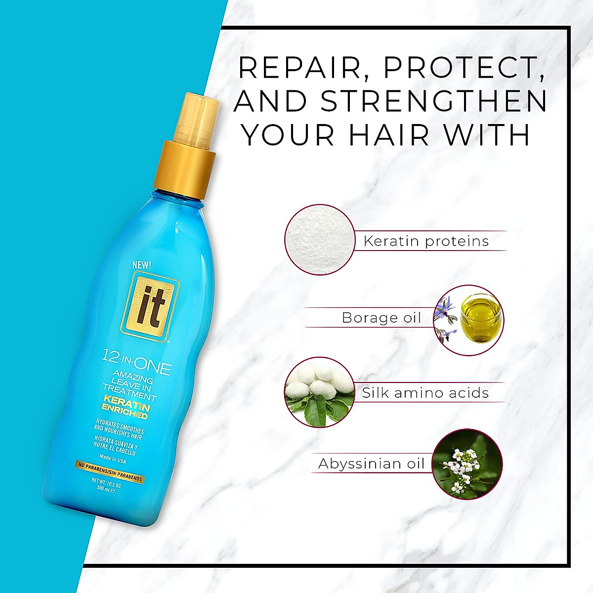 Freeze It 12-in-One Amazing Leave-in Hair Treatment Spray- Infused with Keratin, Borage Oil for Hydration, Smoothness, Nourishment - Strengthens, Protects Dry & Damaged Hair