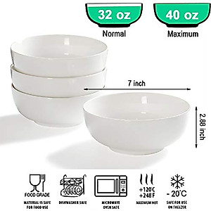 40 Ounces Soup Bowls, Salad Bowls, Cereal Bowls, Pasta Bowls, Pho Bowls, Durable Porcelain Off White Bowls Set of 4, 7 Inch