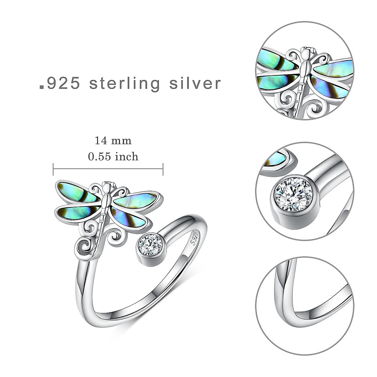 SVODEA 925 Sterling Silver Created Abalone Shell Dragonfly/Butterfly Adjustable Rings,Dainty Cubic Zirconia Animal Statement Rings Gifts for Women