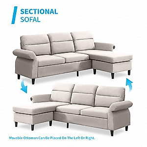 Mjkone 86" Convertible Sectional Sofa Couch, 3 Seat Sofas with 2 USB Ports and Adjustable Armrest, L Shaped Couch with Reversible Chaise, Couches for Living Room Apartment Office - Beige